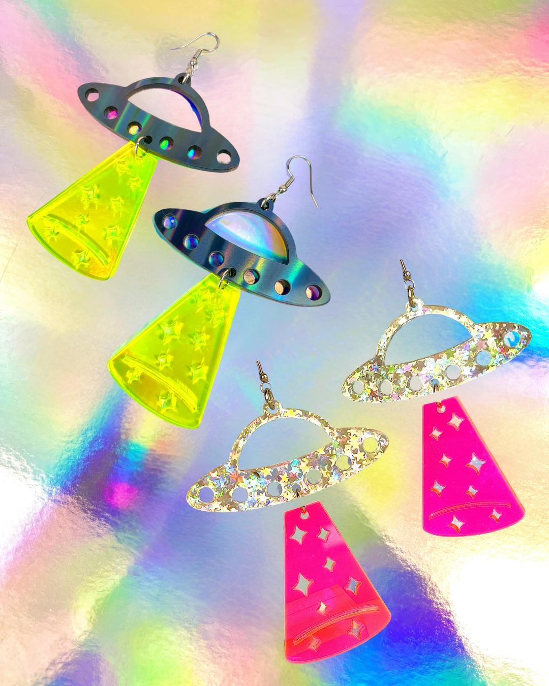 Handmade Holographic UFO Earrings: Alien Beam Acrylic Jewelry - Etsy