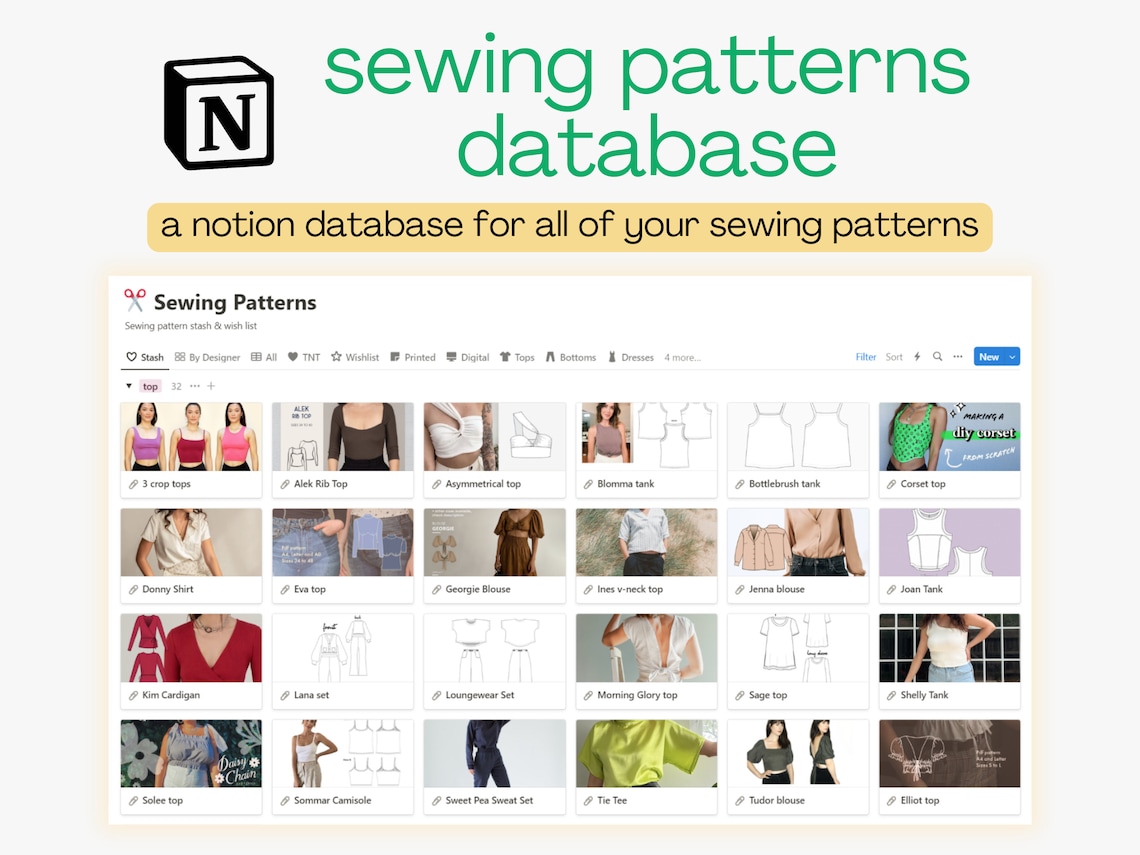 Sewing Patterns Database Sewing Journal Notion Template Page Sewing