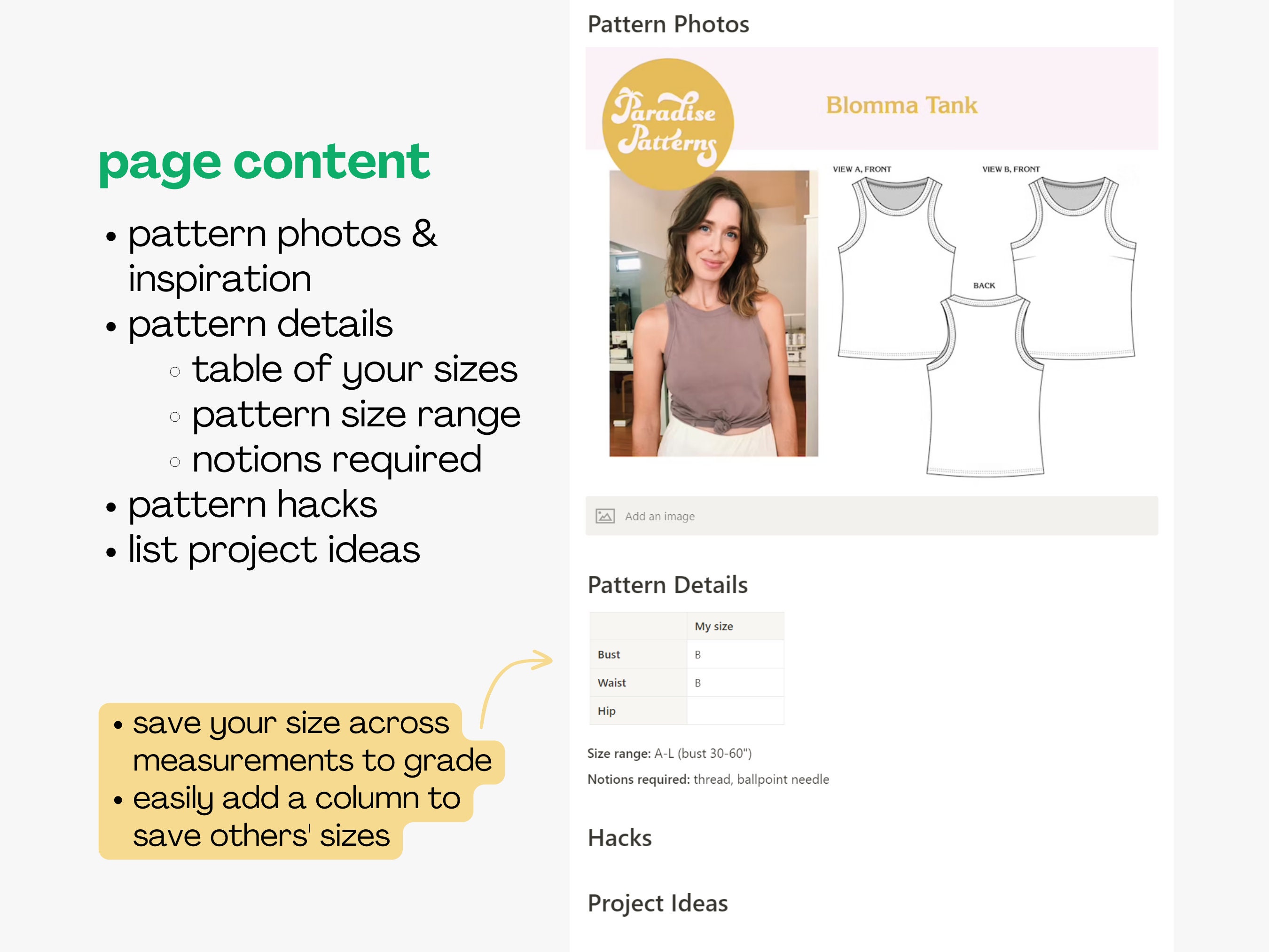 Sewing Patterns Database Sewing Journal Notion Template Page Sewing