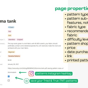 Sewing Patterns Database | Sewing Journal Notion Template Page | Sewing ...