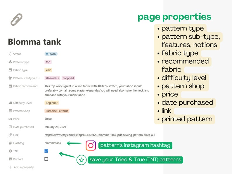 Sewing Patterns Database | Sewing Journal Notion Template Page | Sewing ...