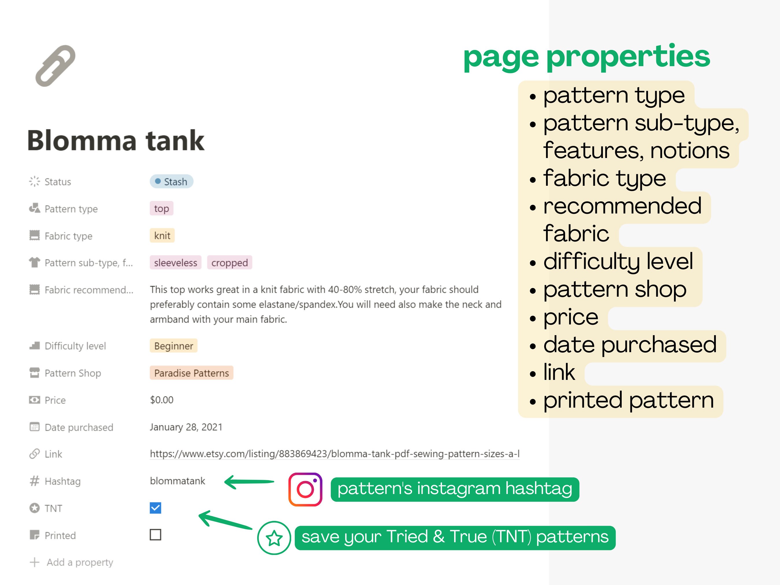 Sewing Patterns Database | Sewing Journal Notion Template Page | Sewing ...