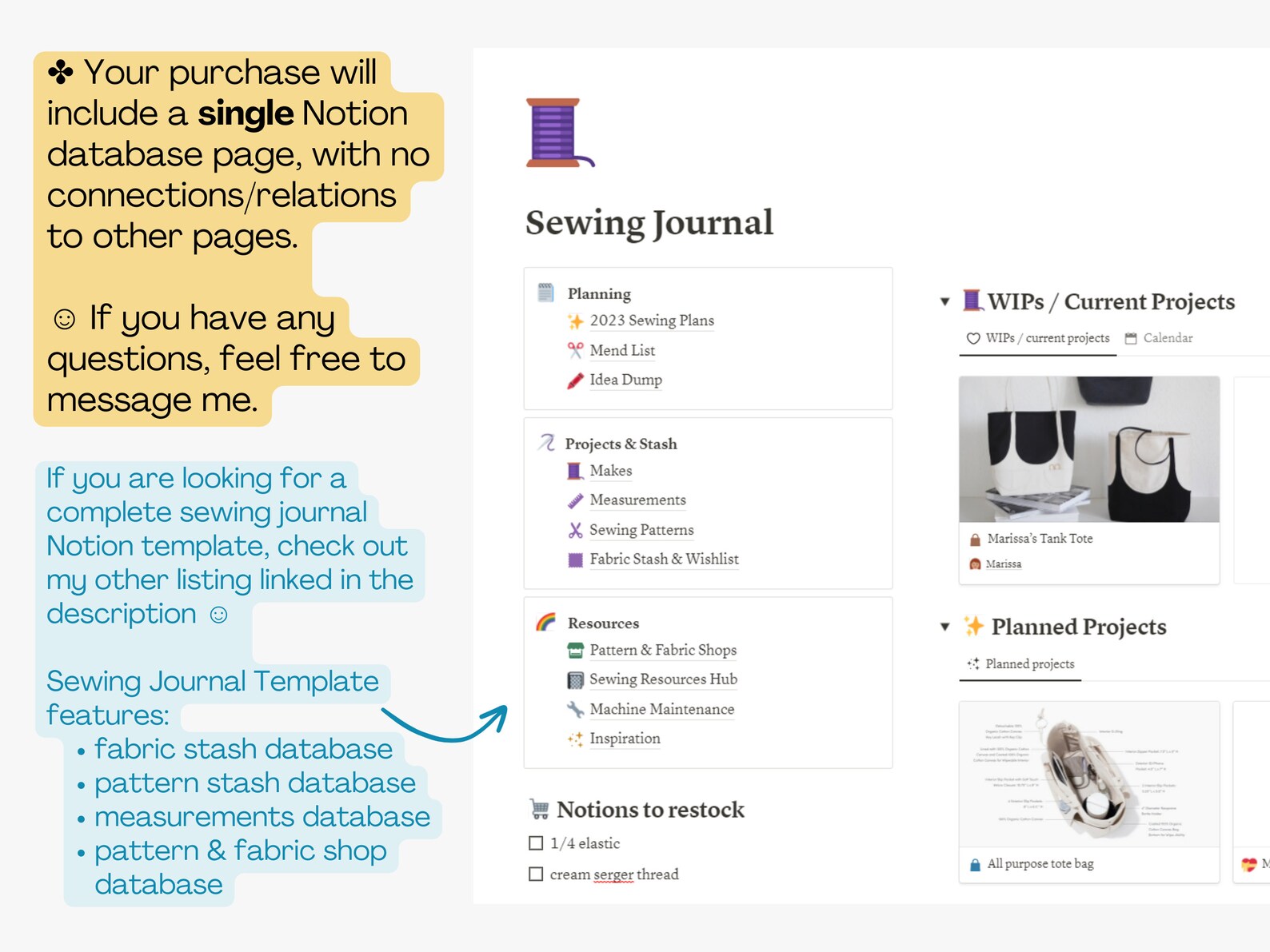 Me Made Makes Sewing Journal Notion Template Page | Sewing Notion Page ...
