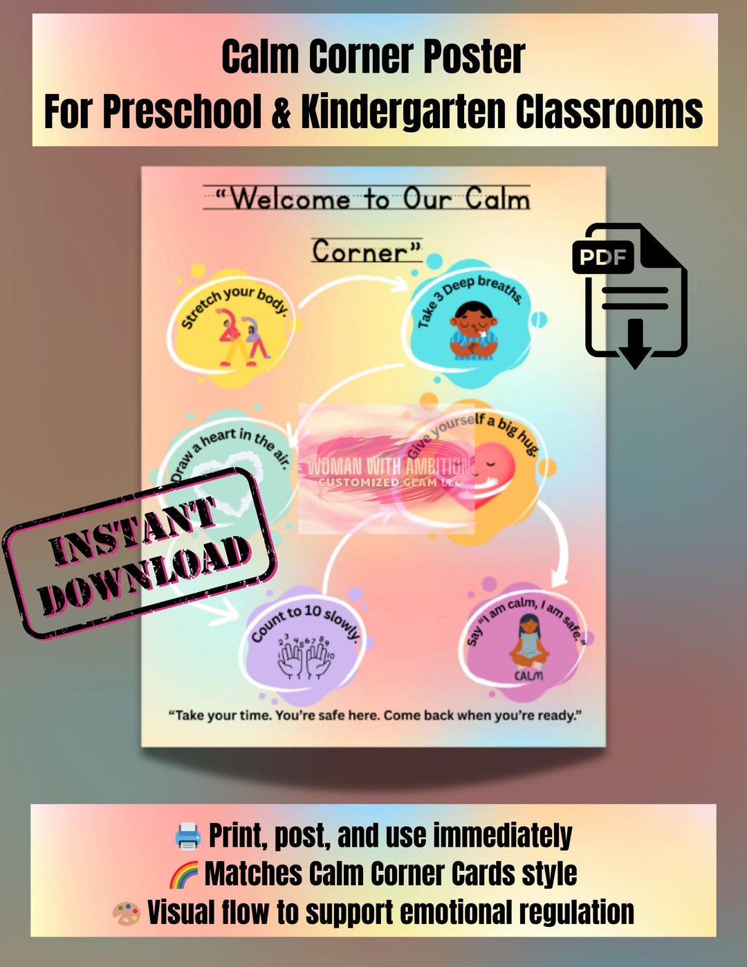 Large Calm Corner Poster for Preschool & Kindergarten | 24x30 Printable ...