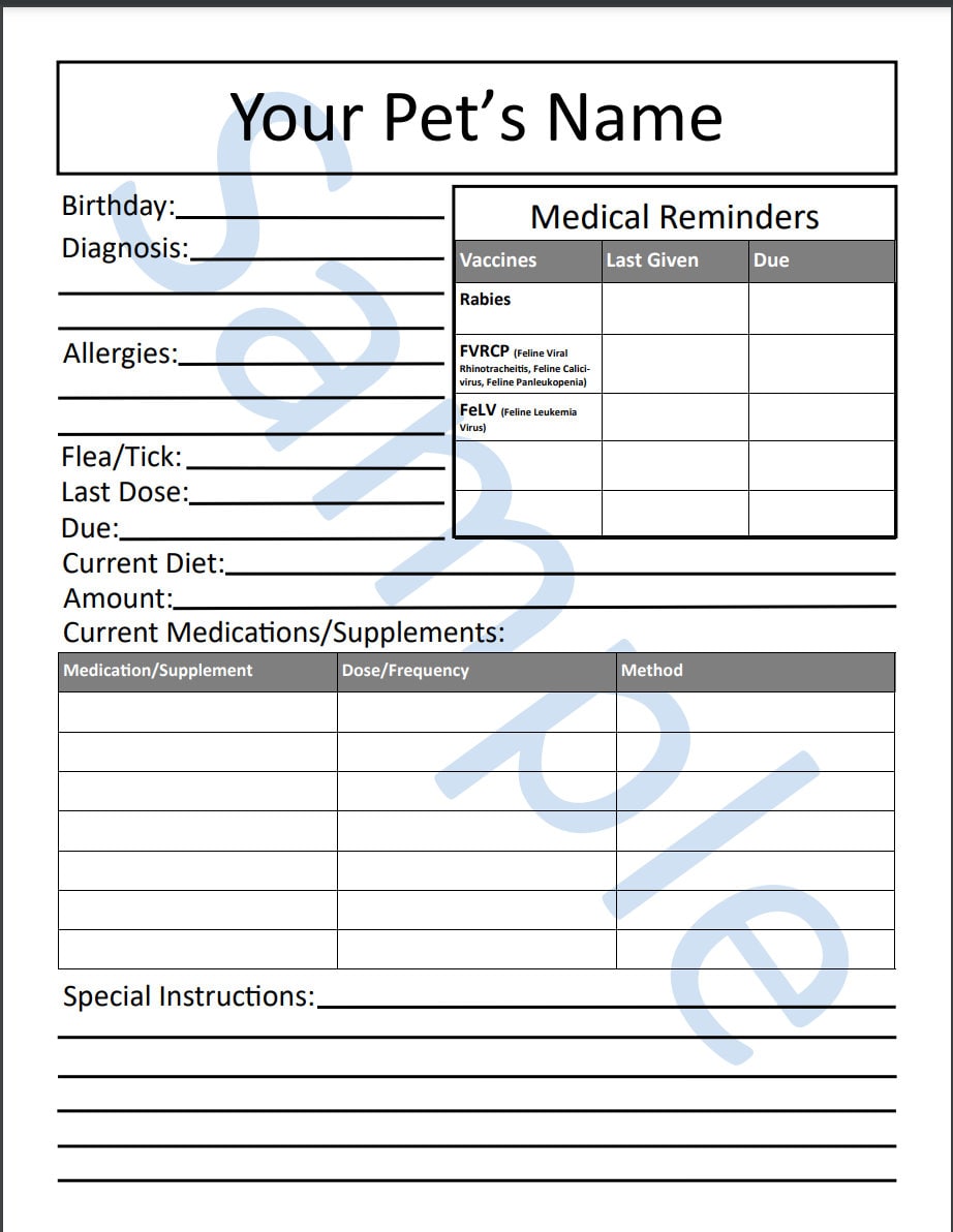 Pet Health Reminders L Pet Sitter Information Sheet - Etsy