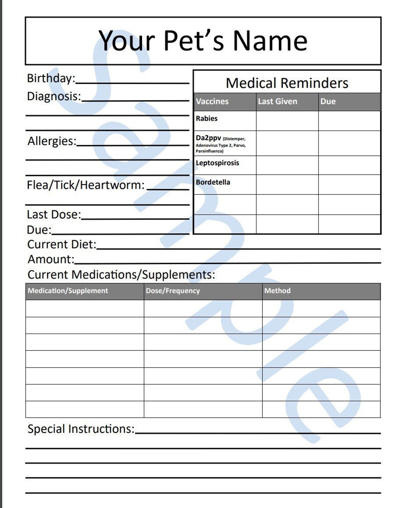 Pet Health Reminders L Pet Sitter Information Sheet - Etsy