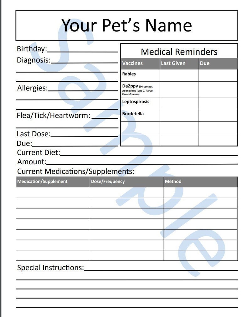 Pet Health Reminders L Pet Sitter Information Sheet - Etsy