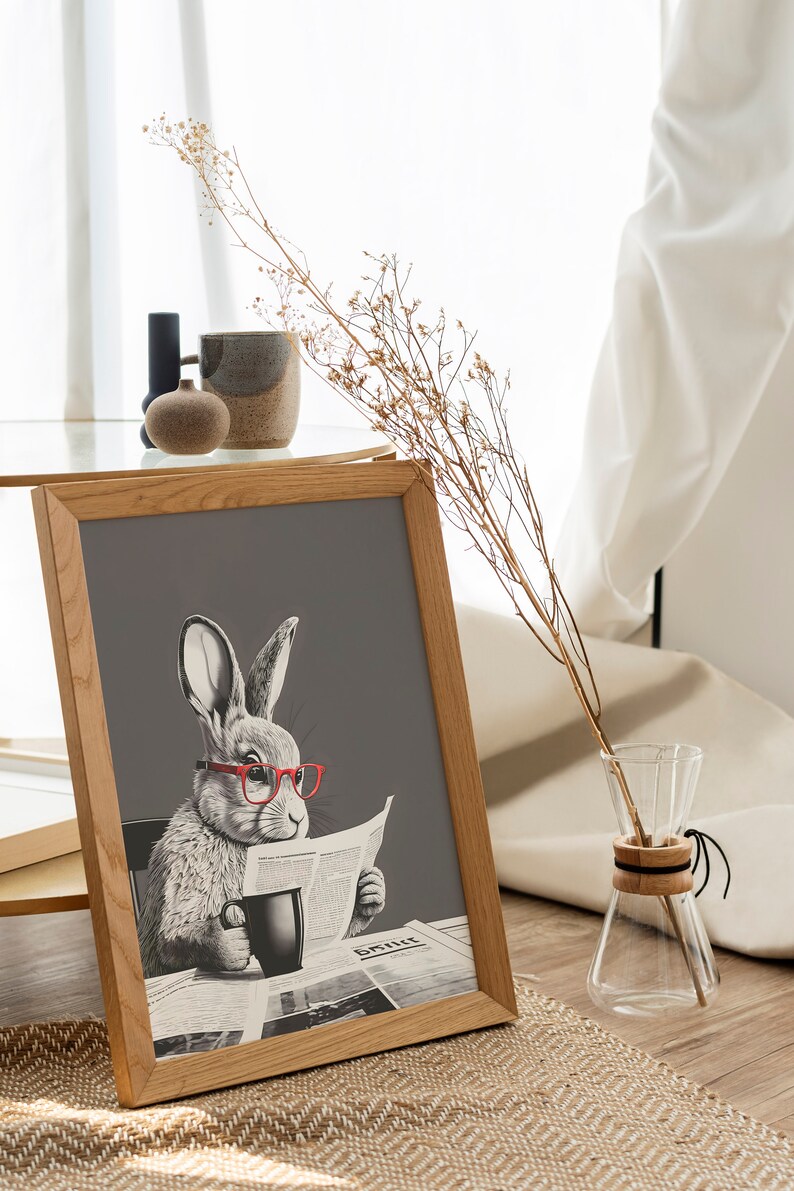 Bunny Rabbit Reading Newspaper and Drinking Coffee Wall Art - Etsy