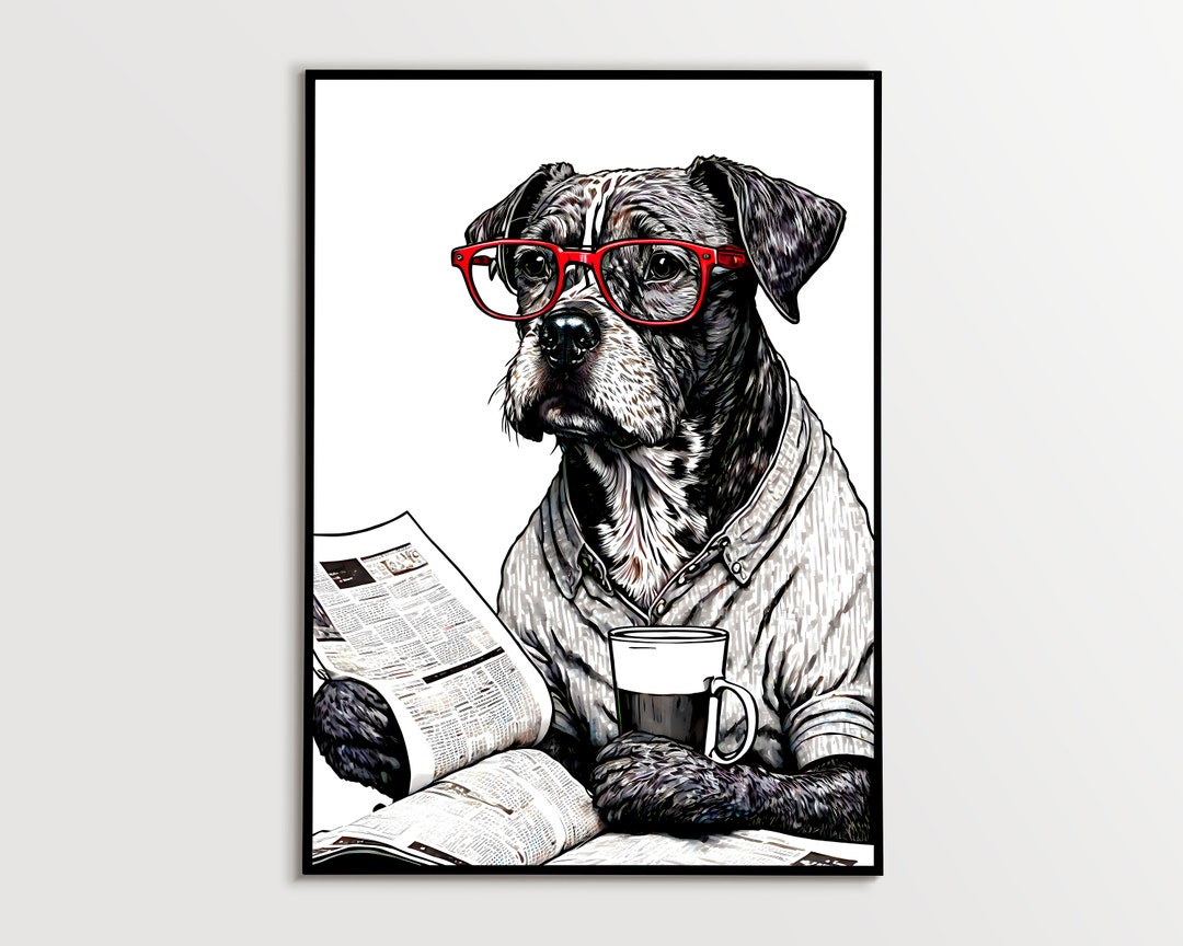 Dog Reading Newspaper and Drinking Coffee Wall Art Digital Download ...