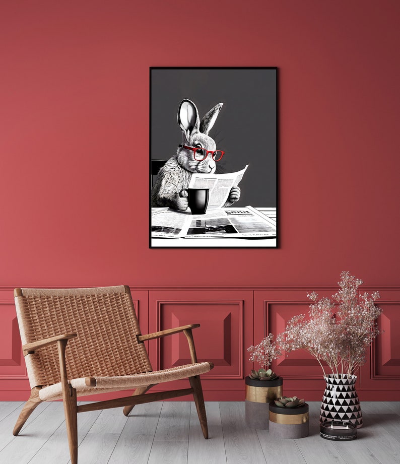 Bunny Rabbit Reading Newspaper and Drinking Coffee Wall Art - Etsy