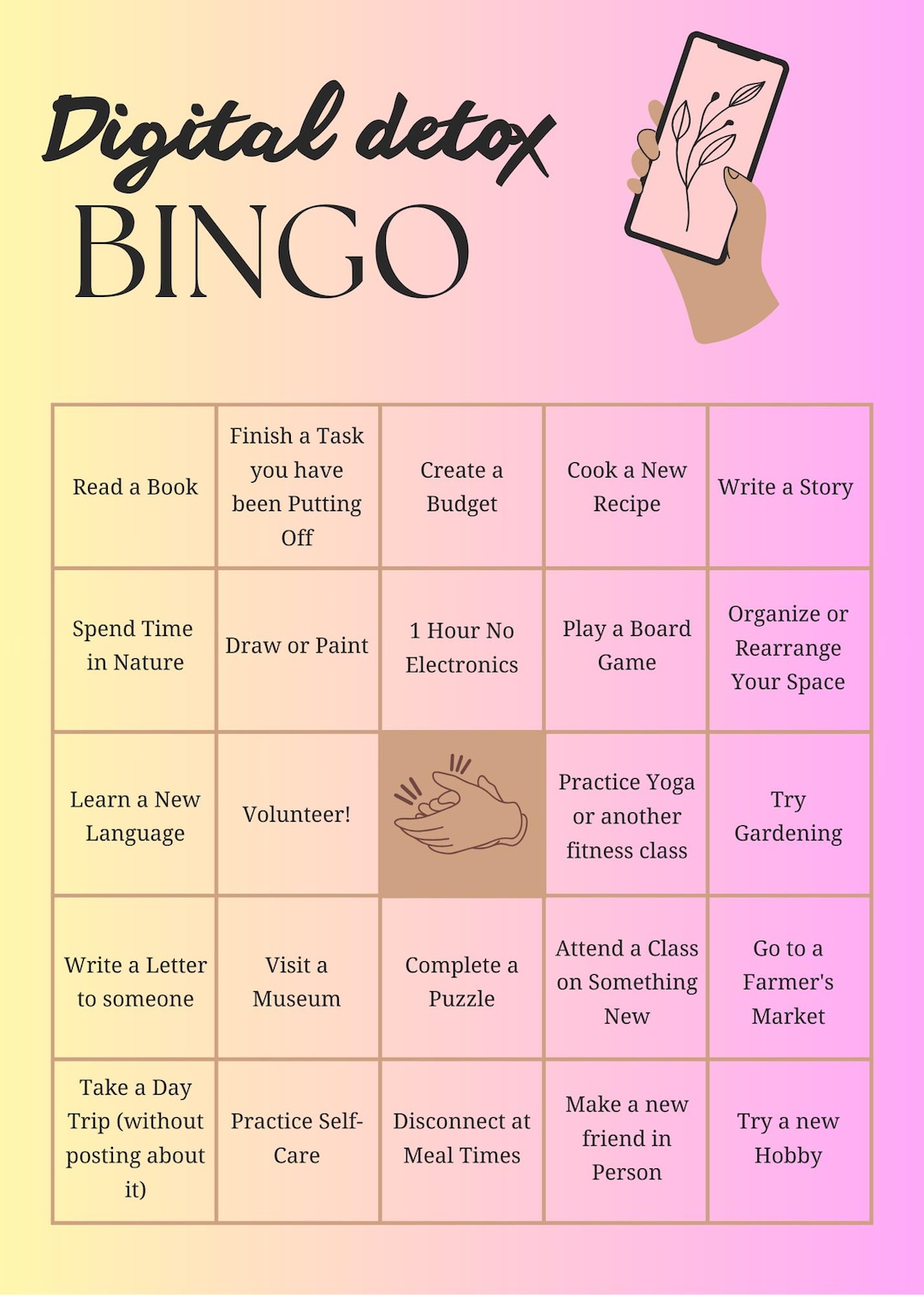 Digital Detox Bingo Card | Printable Self-care Activity Sheet ...
