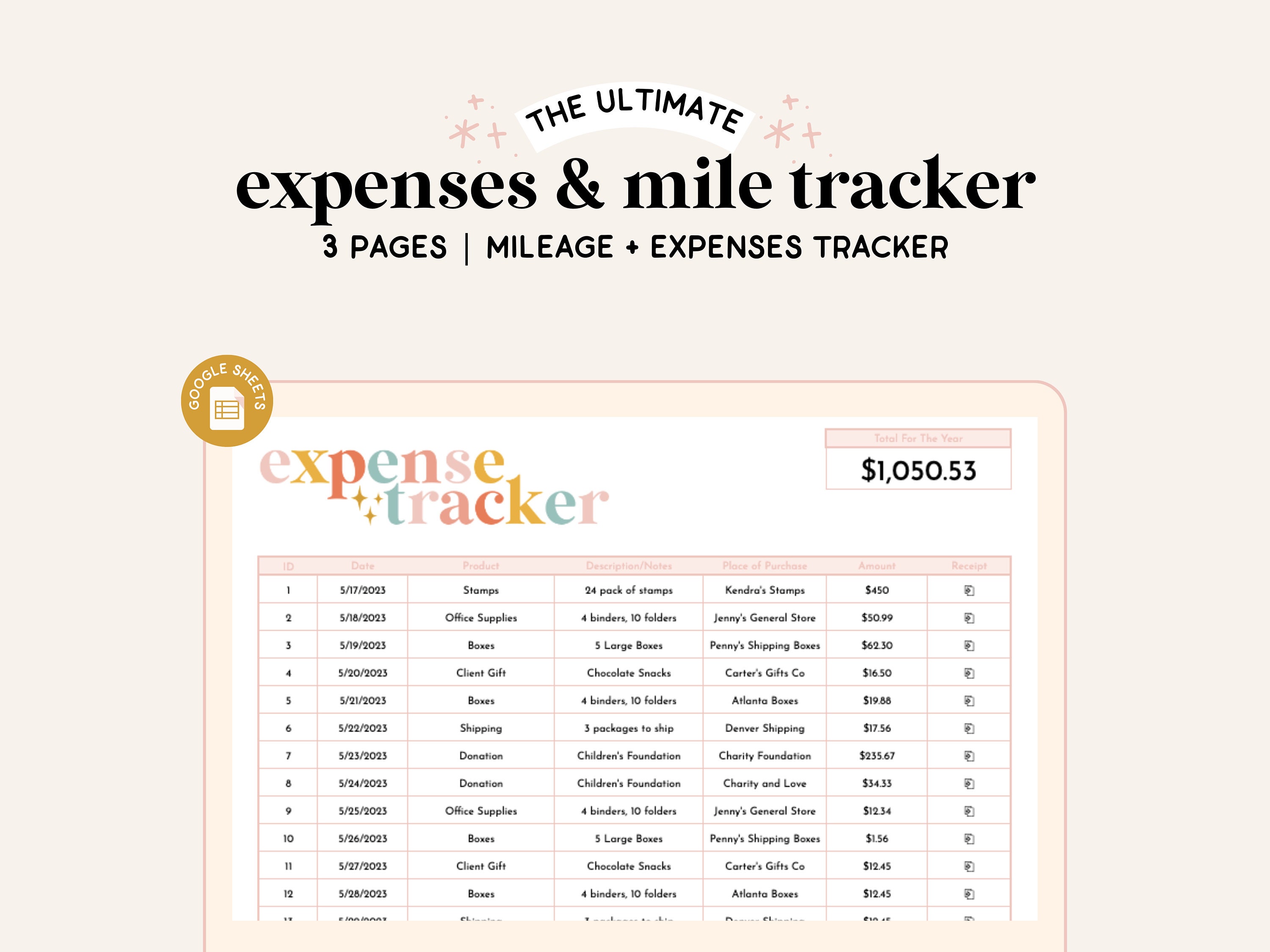 Expenses Spreadsheet | Google Sheets | Mile Tracker | Tax Deduction ...