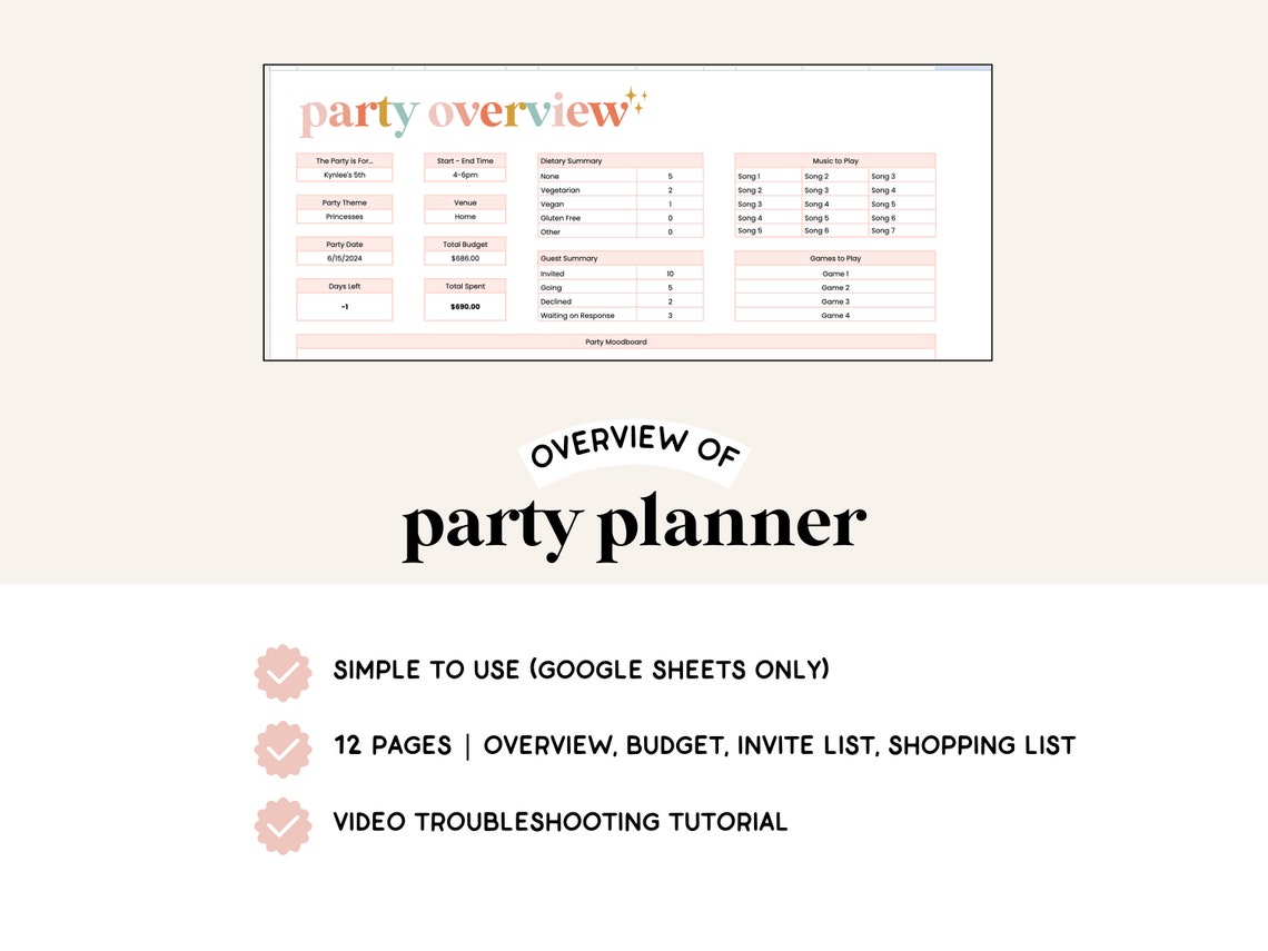 Party Planning Spreadsheet | Google Sheets Party Planner | Event ...