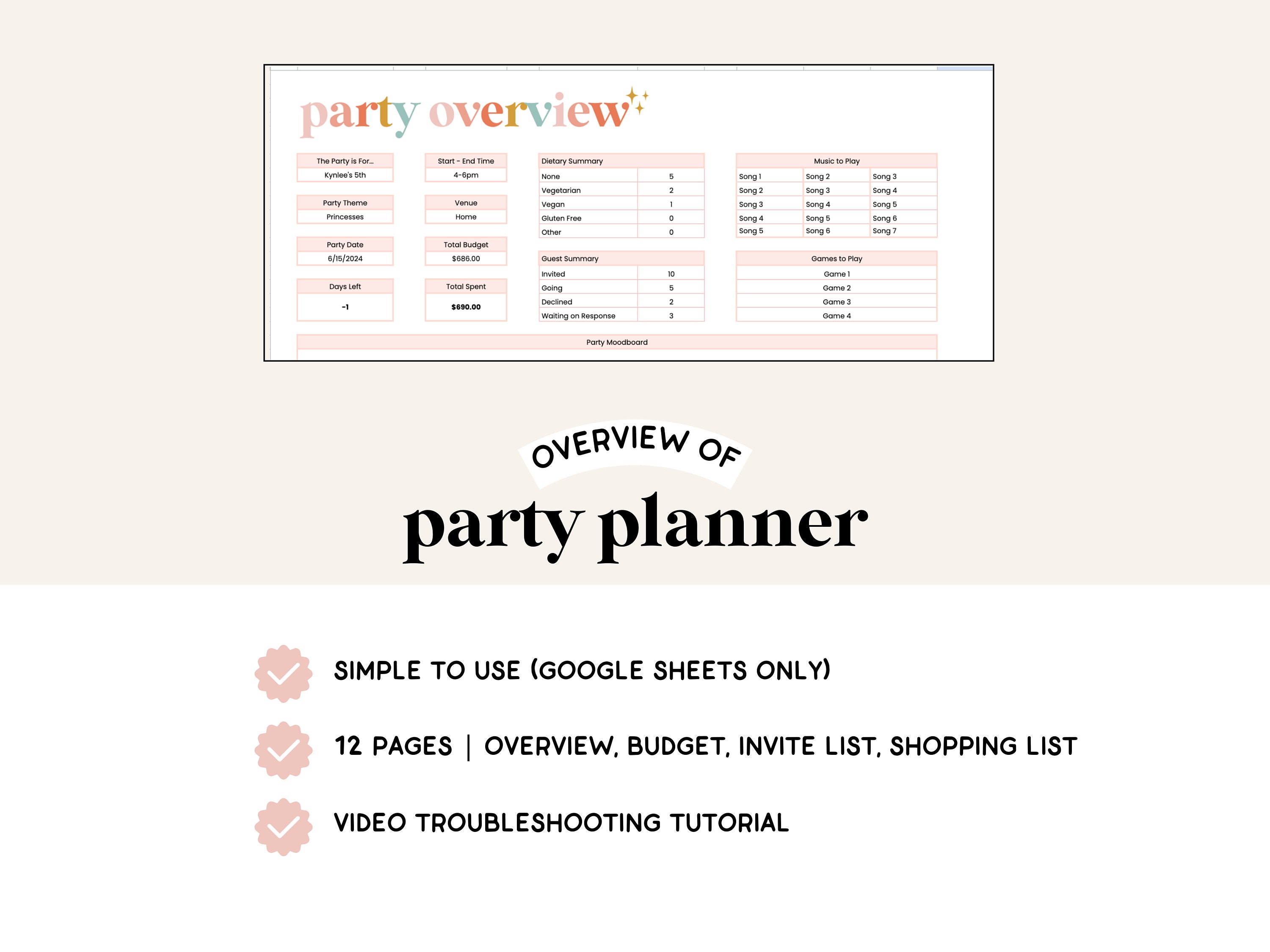 Party Planning Spreadsheet | Google Sheets Party Planner | Event ...
