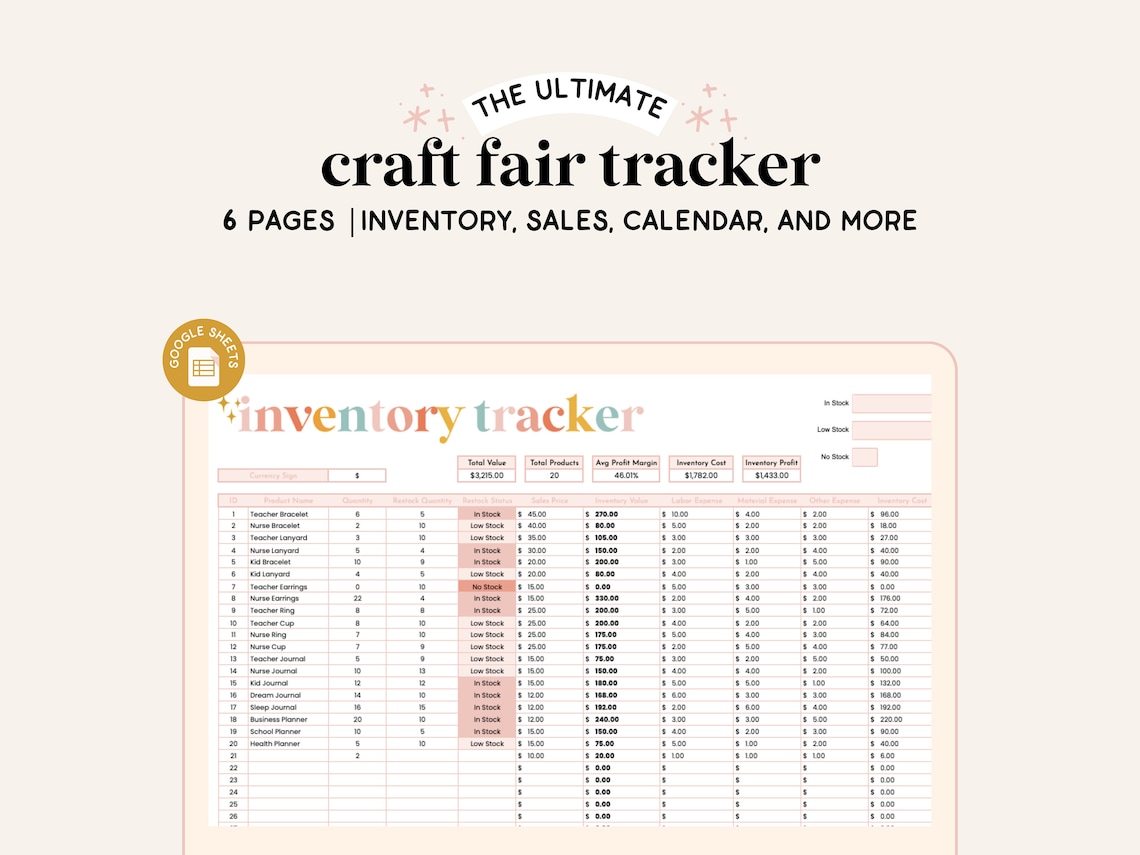 Craft Fair Tracker Craft Vendor Spreadsheet Craft Market Kit Craft Fair ...