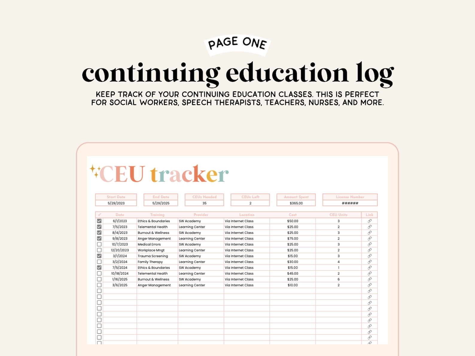 Continuing Education Spreadsheet | Google Sheets | CEU Tracker ...