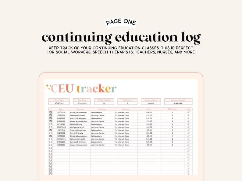 Continuing Education Spreadsheet | Google Sheets | CEU Tracker ...