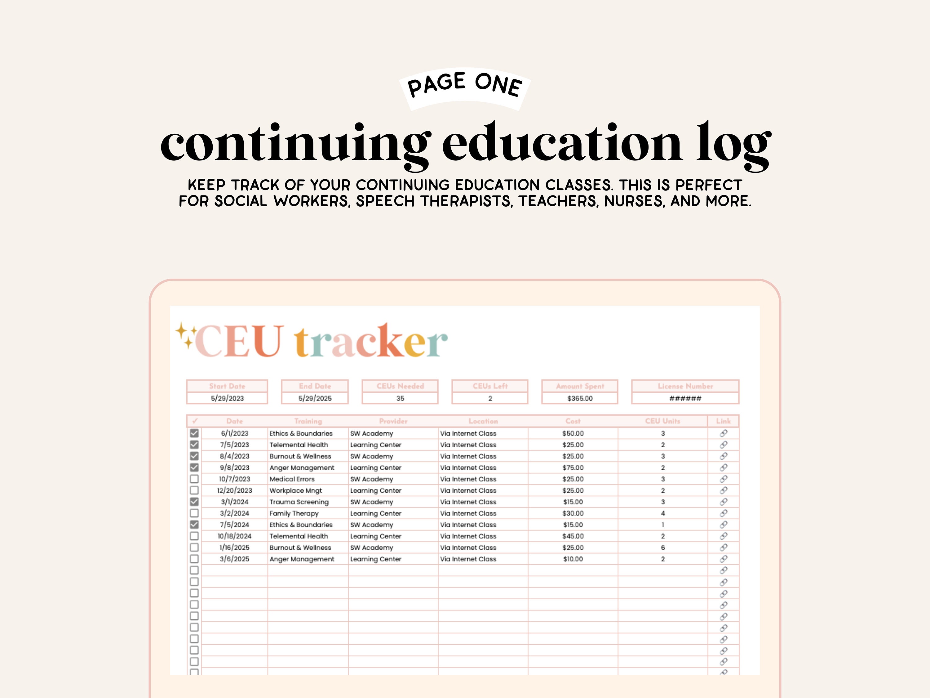 Continuing Education Spreadsheet | Google Sheets | CEU Tracker ...