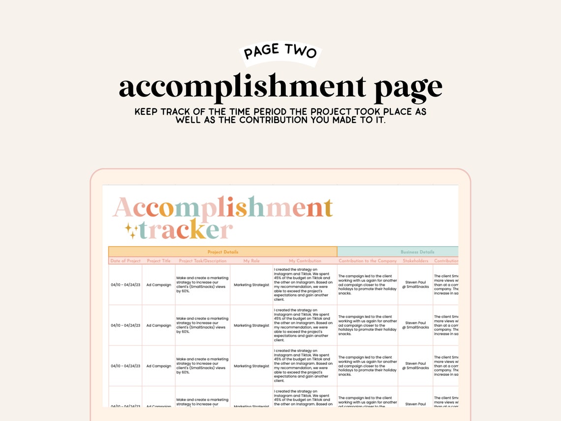 Brag Sheet Spreadsheet | Google Sheets | Accomplishment Tracker ...