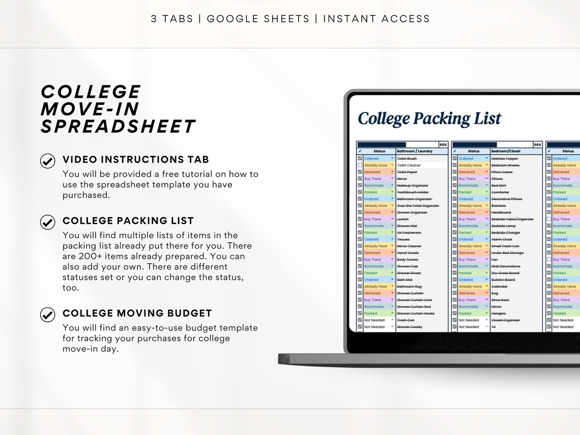 College Move in Checklist | College Move in Spreadsheet | Dorm ...