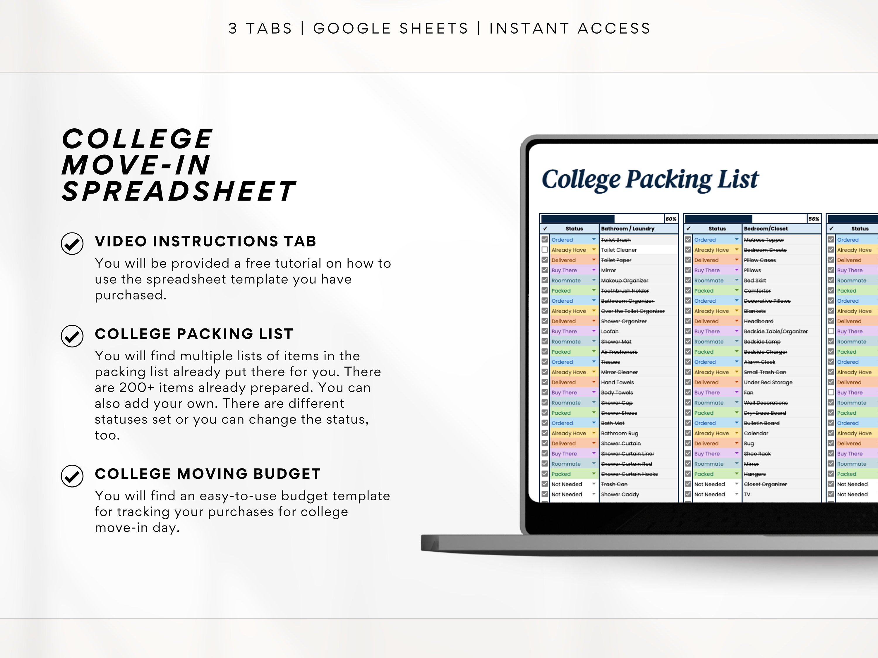 College Move in Checklist | College Move in Spreadsheet | Dorm ...
