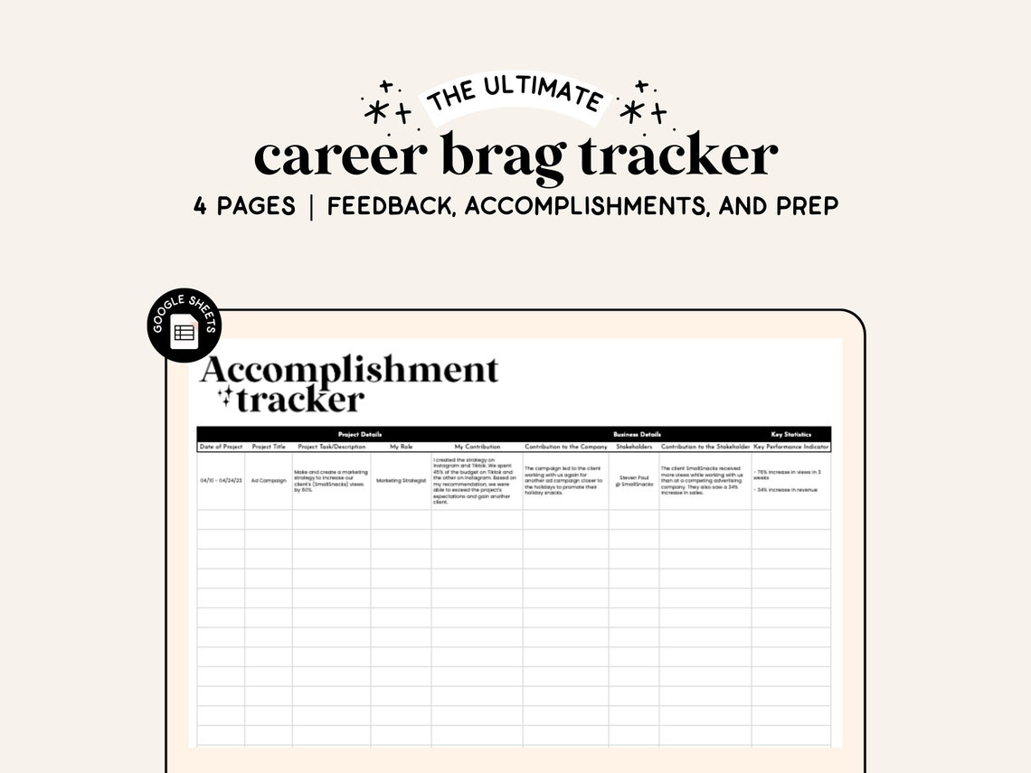 Brag Sheet Spreadsheet | Google Sheets | Accomplishment Tracker ...