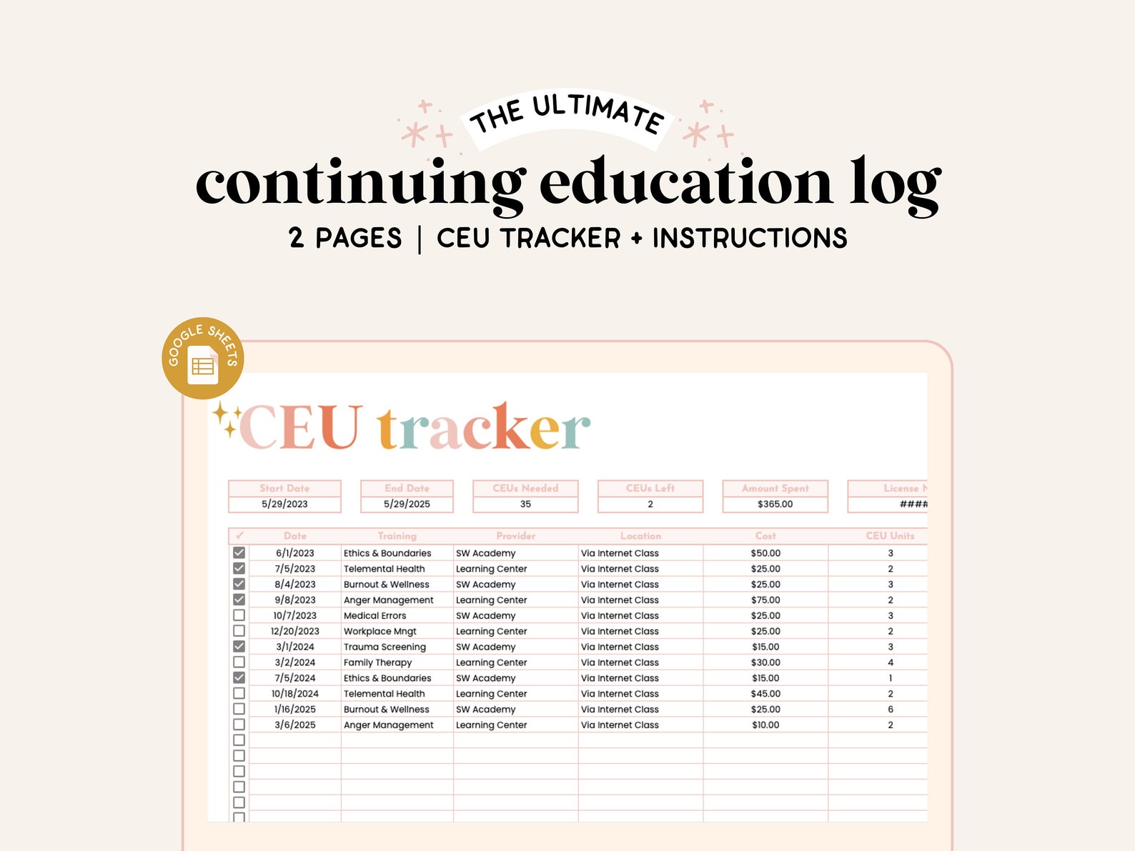 Continuing Education Spreadsheet | Google Sheets | CEU Tracker ...