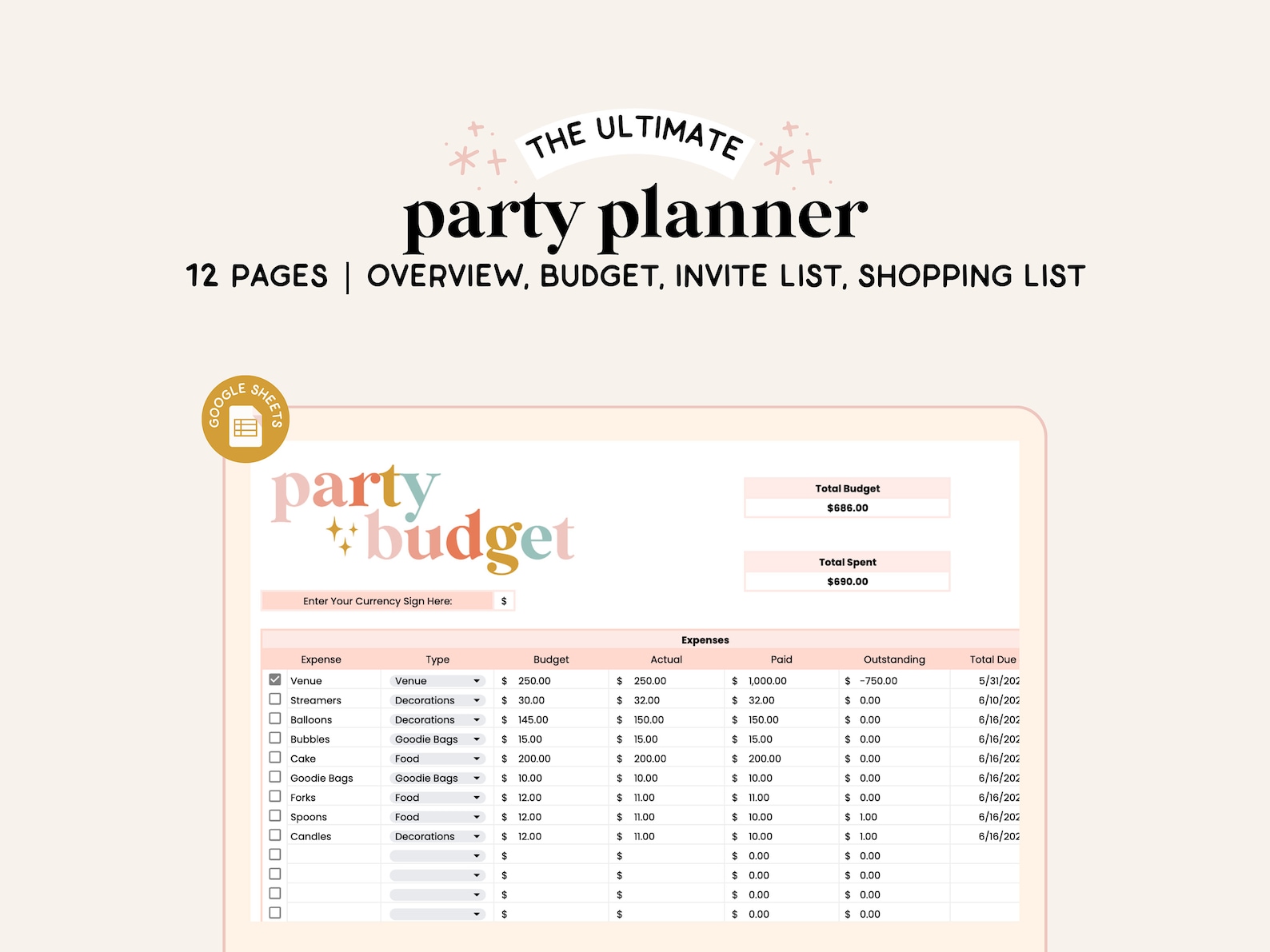 Party Planning Spreadsheet | Google Sheets Party Planner | Event ...