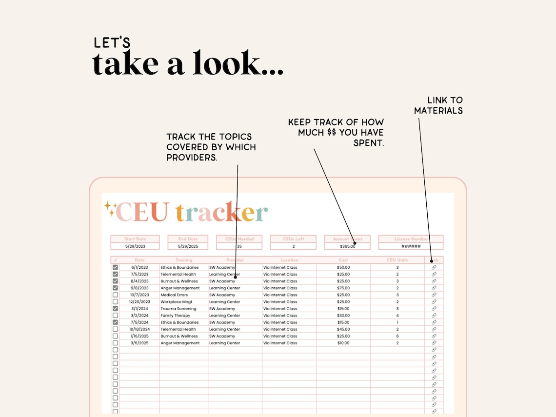Continuing Education Spreadsheet Google Sheets CEU Tracker - Etsy