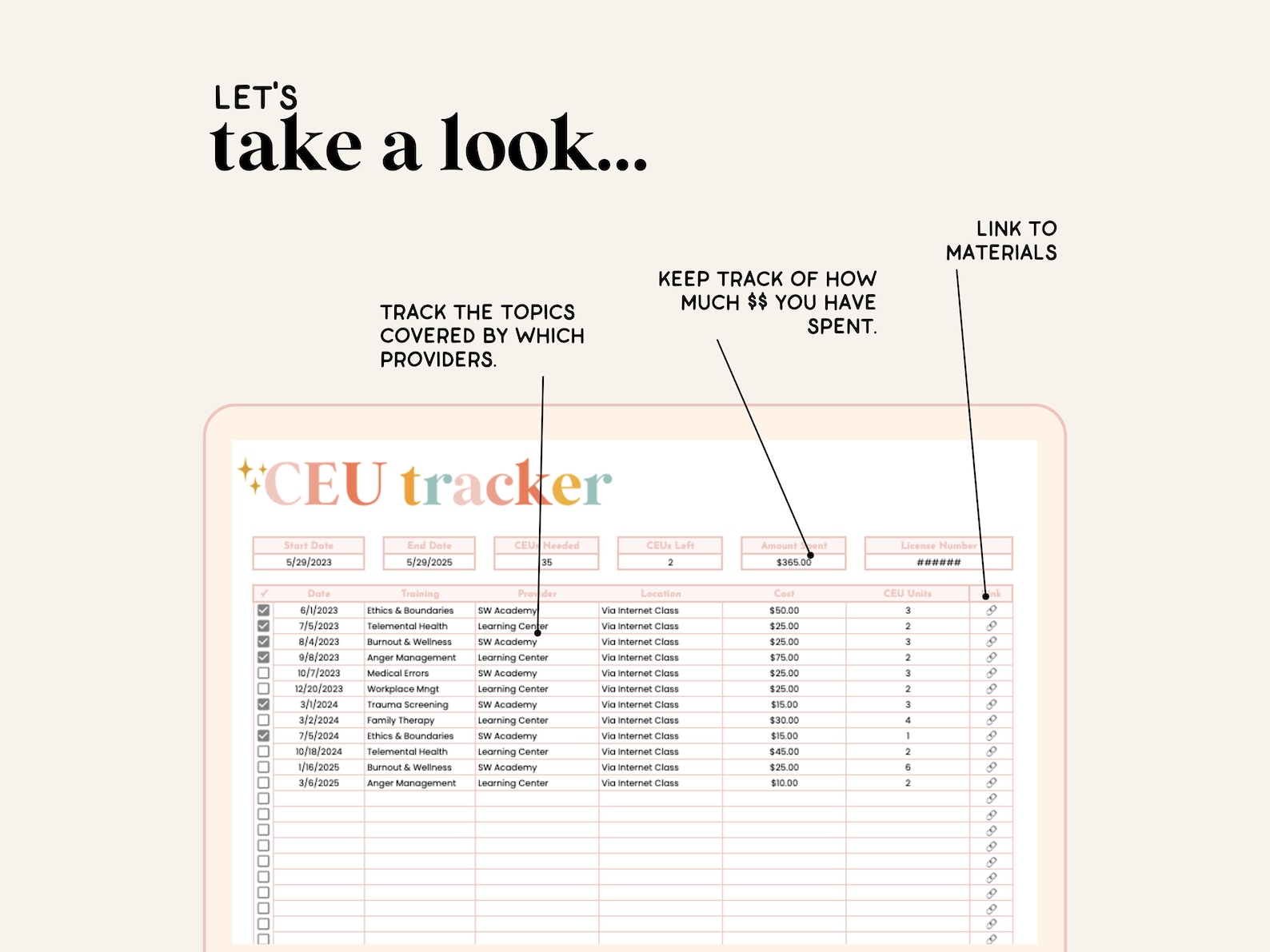 Continuing Education Spreadsheet | Google Sheets | CEU Tracker ...