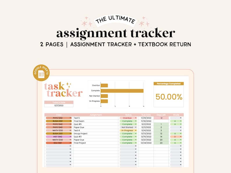 Assignment Tracker | School Spreadsheet | Google Sheets | Book Tracker ...