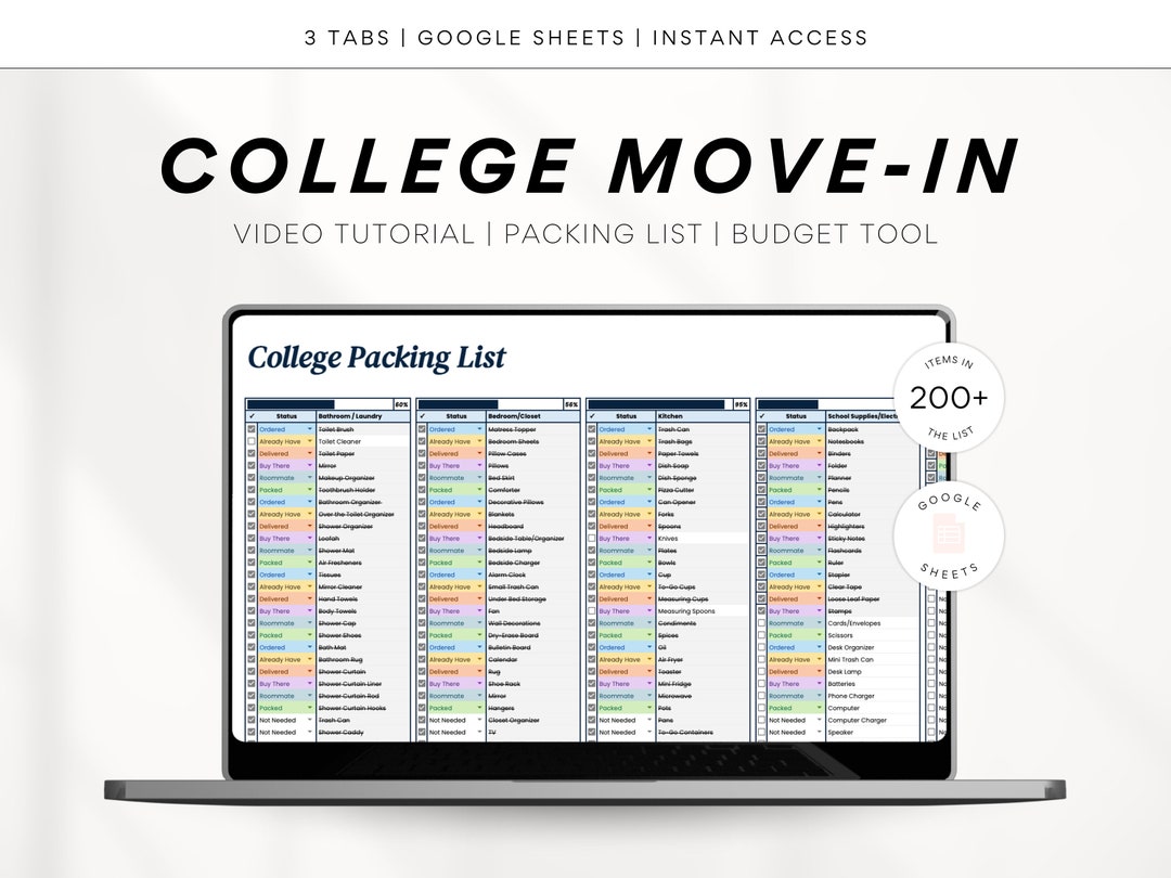 College Move in Checklist | College Move in Spreadsheet | Dorm ...