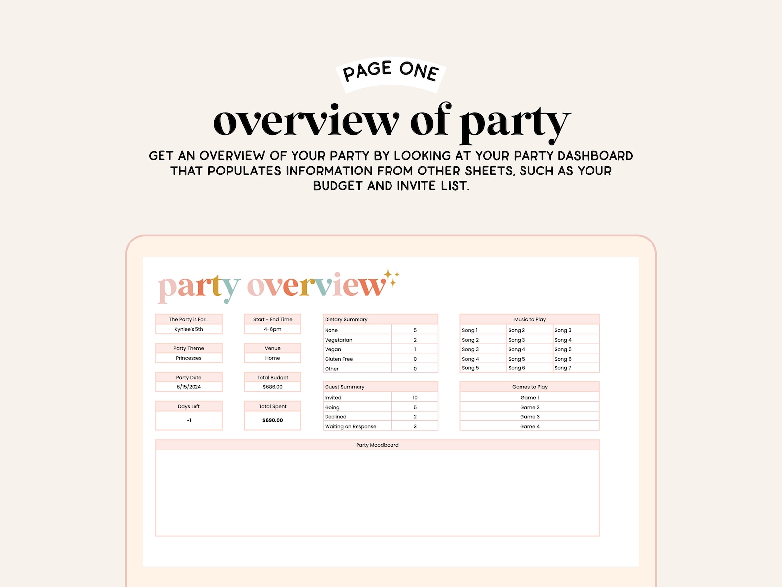 Party Planning Spreadsheet | Google Sheets Party Planner | Event ...