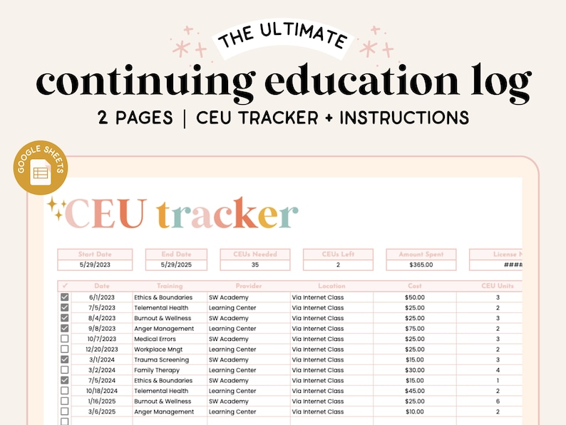 Continuing Education Spreadsheet Google Sheets CEU Tracker - Etsy