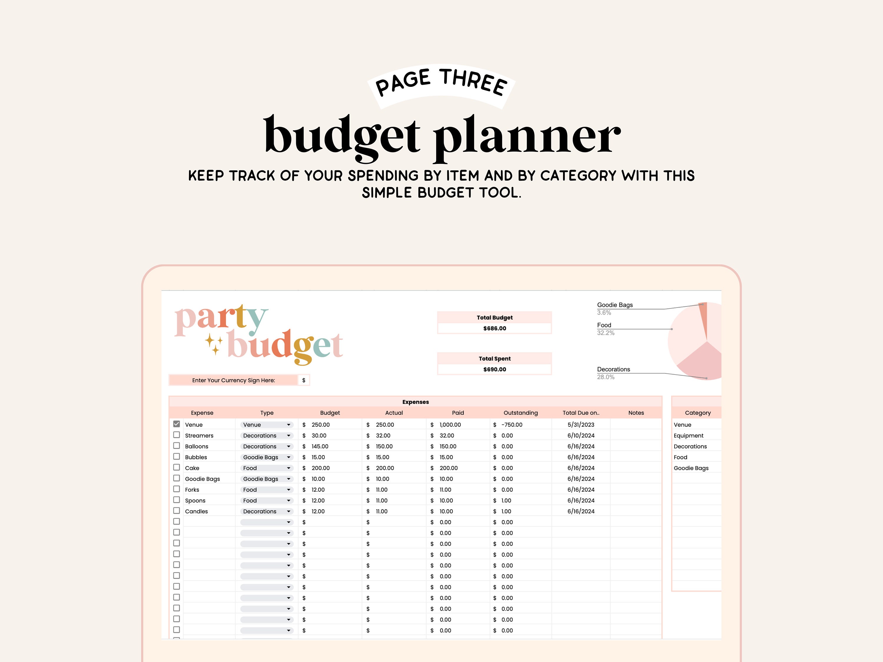 Party Planning Spreadsheet | Google Sheets Party Planner | Event ...