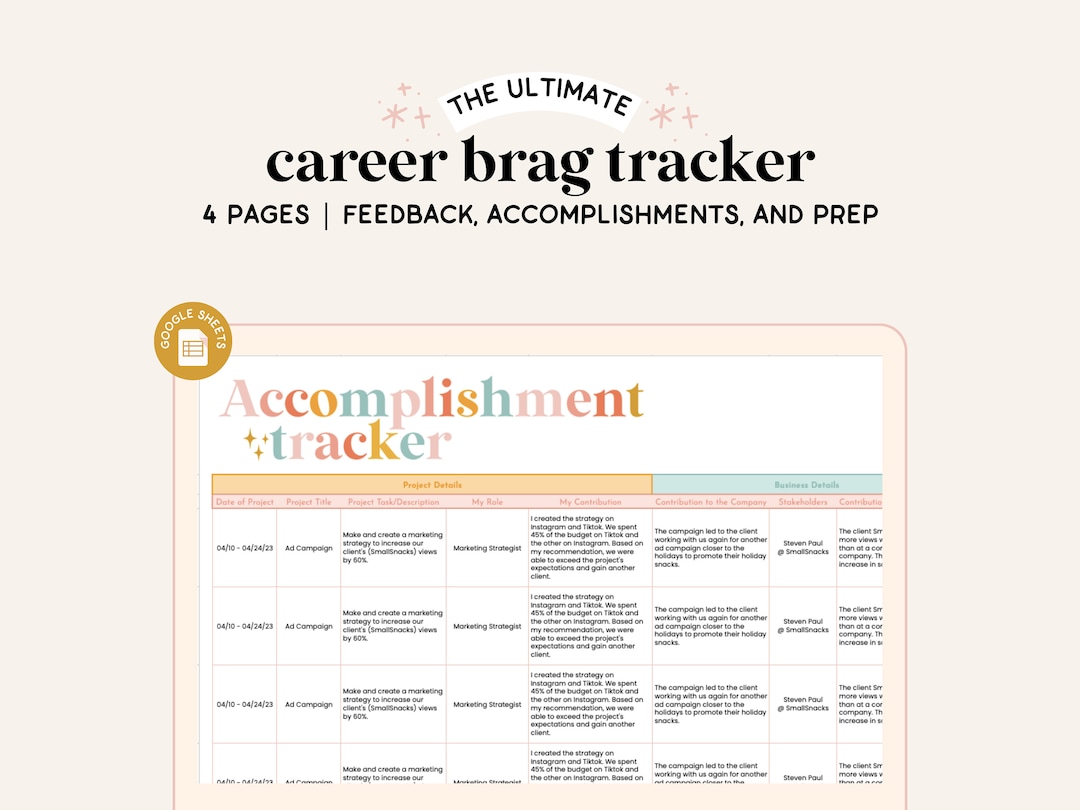 Brag Sheet Spreadsheet | Google Sheets | Accomplishment Tracker ...