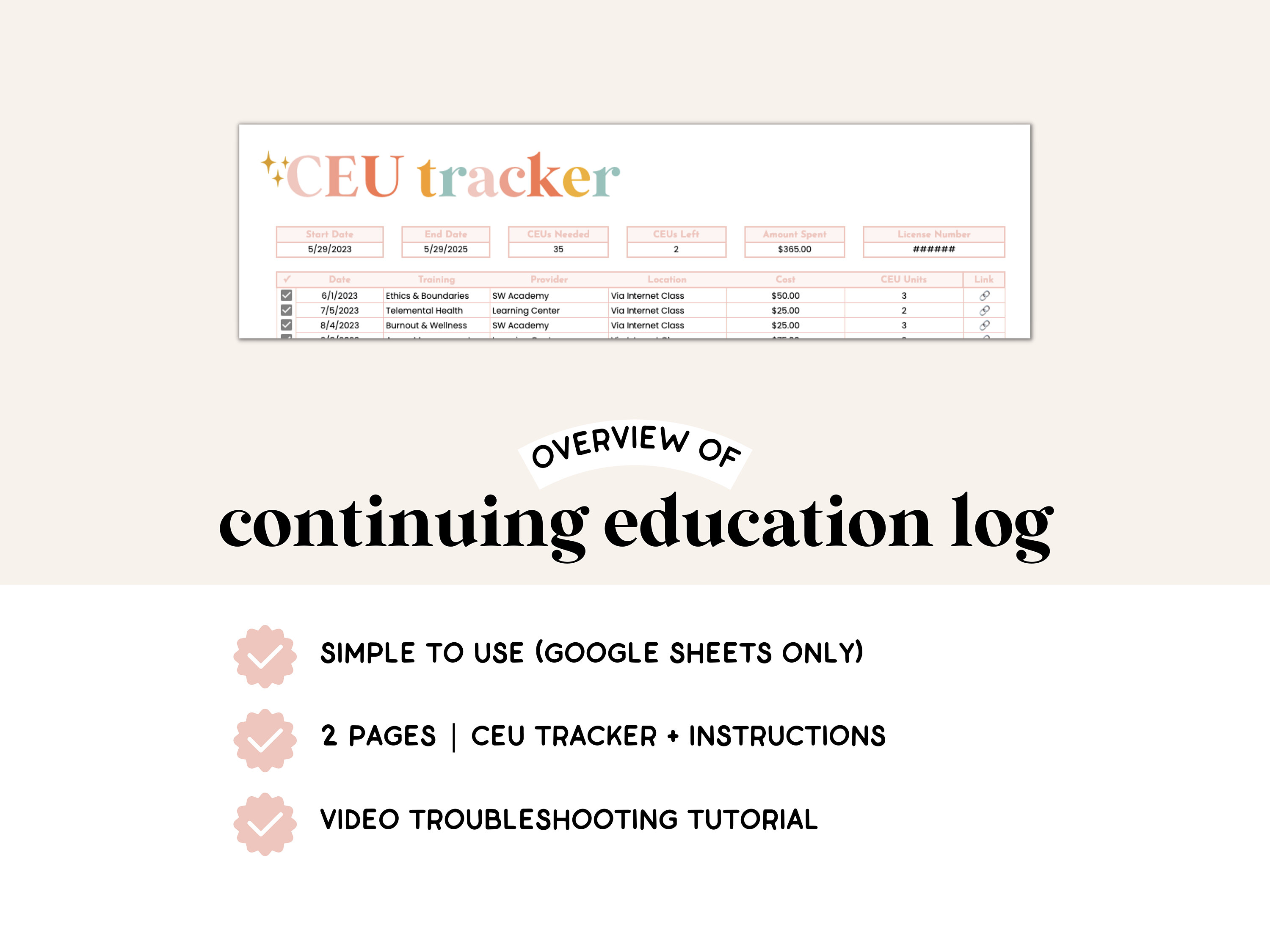 Continuing Education Spreadsheet | Google Sheets | CEU Tracker ...