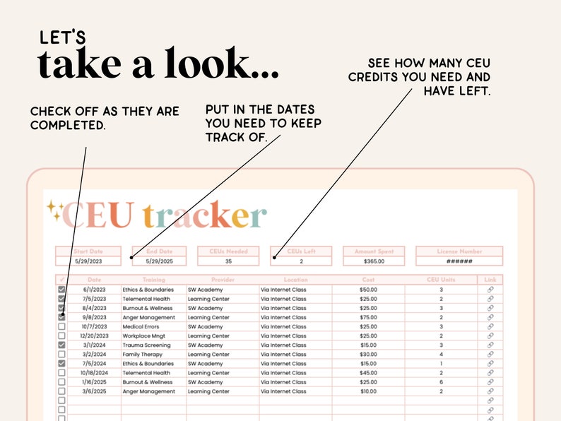 Continuing Education Spreadsheet Google Sheets CEU Tracker - Etsy