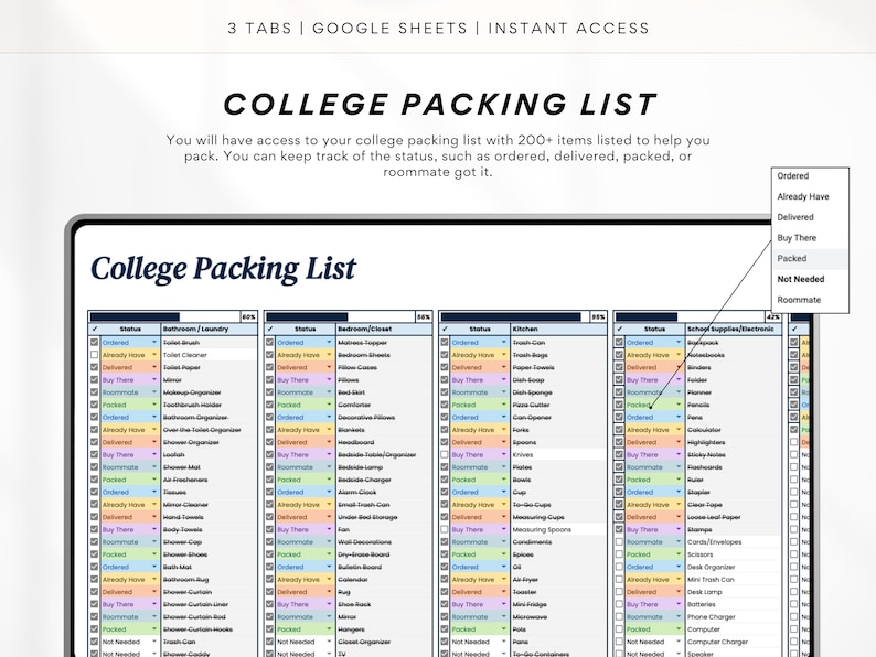 College Move in Checklist | College Move in Spreadsheet | Dorm ...