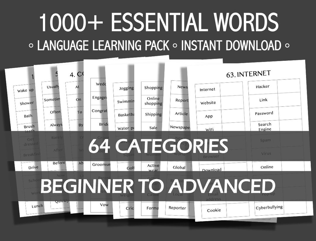 Language Learning Pack | 1000+ Essential Words | 64 Categories | Beginner to Advanced | Language ...