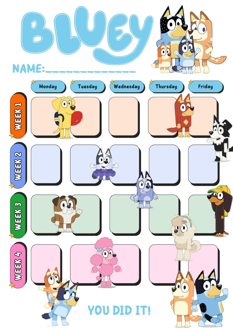 Bluey & Friends Kids Reward Chart: Printable Sticker Chart (instant ...
