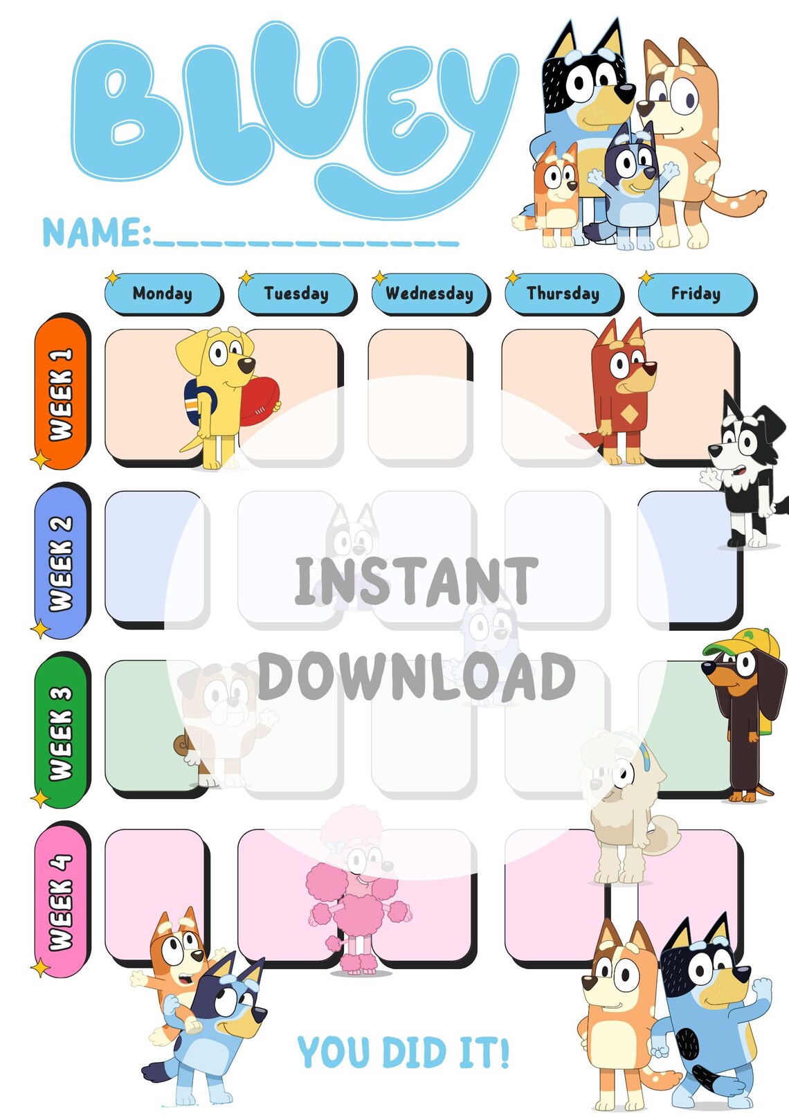 Bluey & Friends Kids Reward Chart: Printable Sticker Chart (instant ...