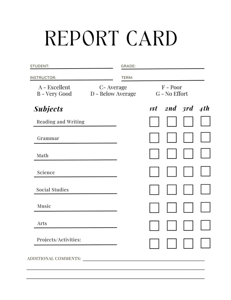 Black and White Homeschool Report Card, Digital Download, Annual ...