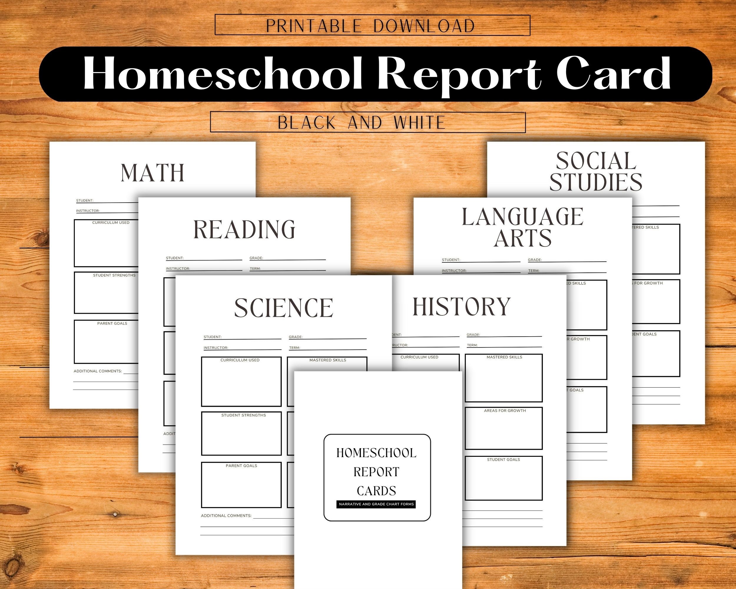 Black and White Homeschool Report Card, Digital Download, Annual ...