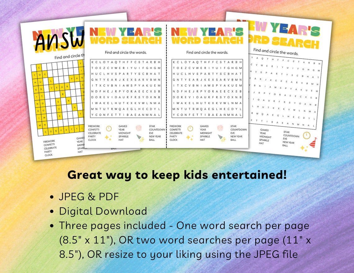 New Year's Eve Word Search Activity for Kids • Digital Download • PDF ...