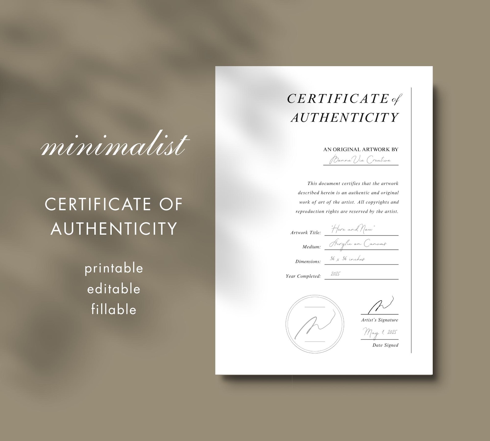 Certificate of Authenticity Template, Artist COA for Original Artworks ...