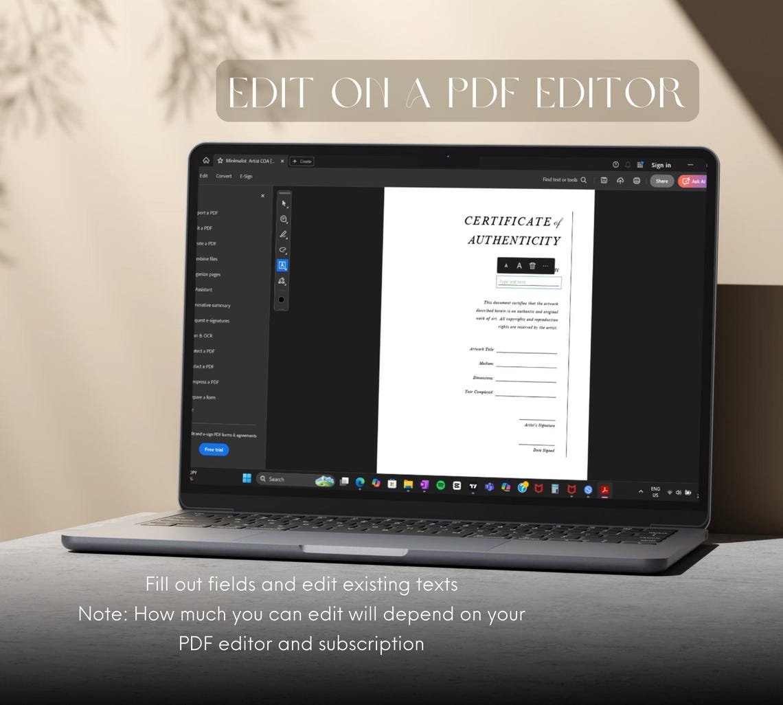 Certificate of Authenticity Template, Artist COA for Original Artworks ...