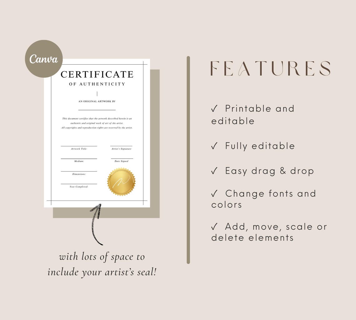 Certificate of Authenticity Template, Artist COA Template for Original ...