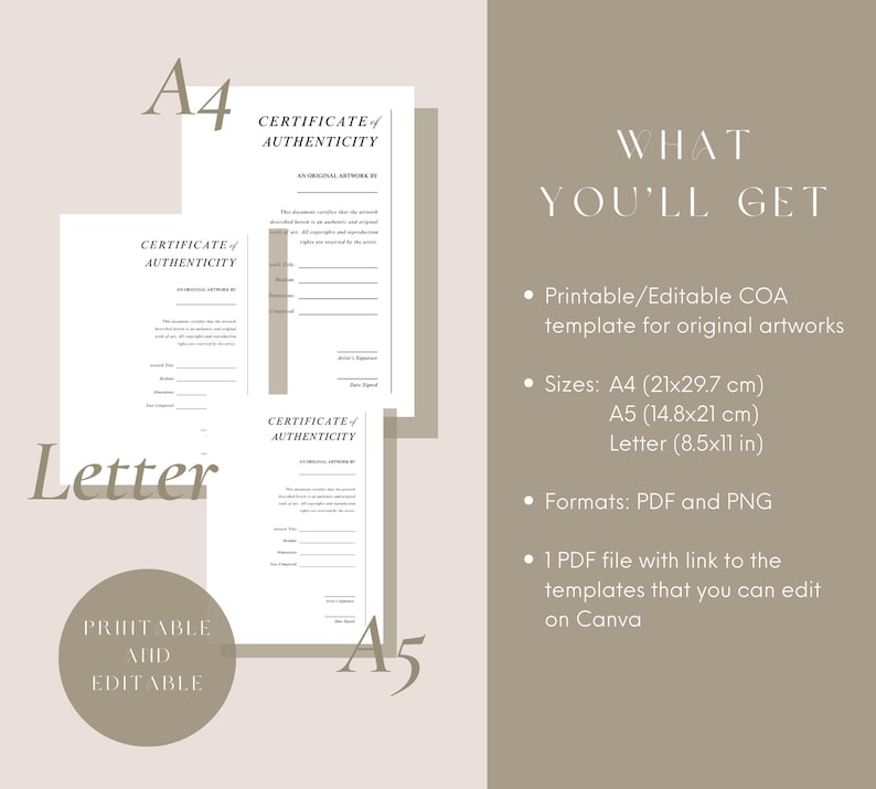 Certificate of Authenticity Template, Artist COA for Original Artworks, Printable Editable ...