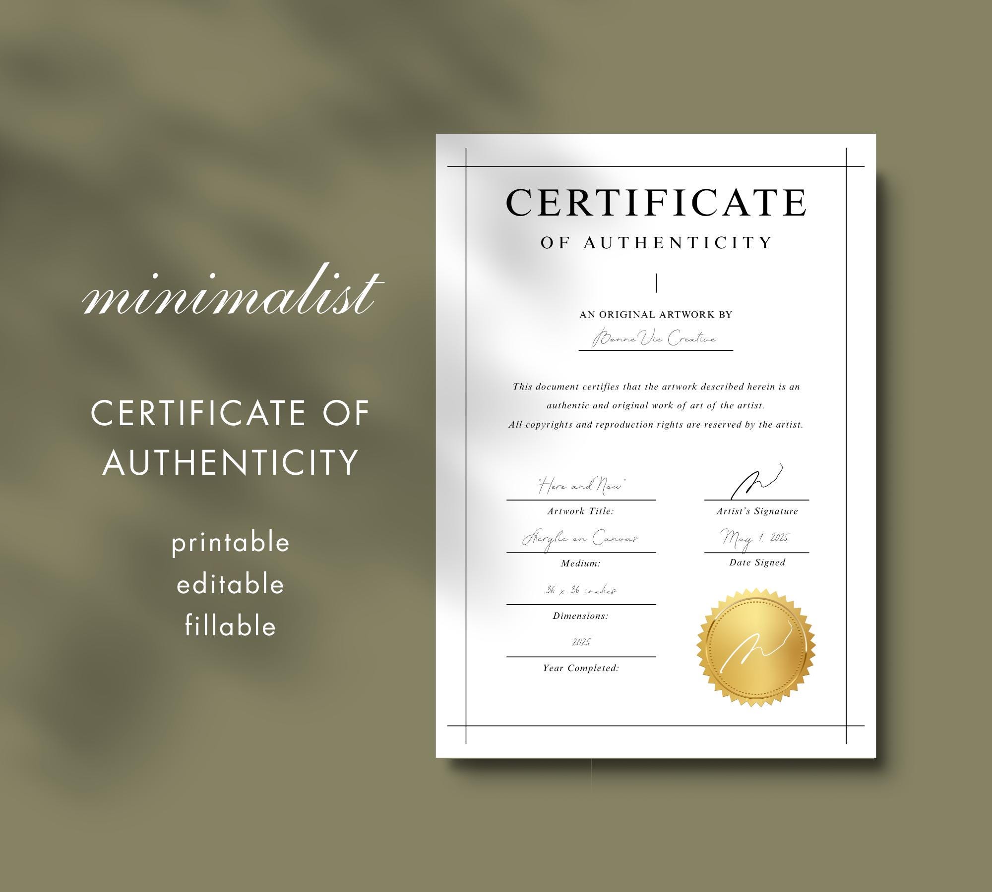 Certificate of Authenticity Template, Artist COA Template for Original ...